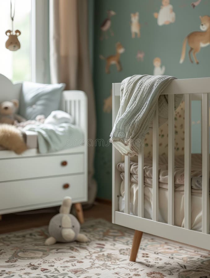 Cozy Baby Nursery with a Crib and Soft Decorations Stock Photo - Image ...