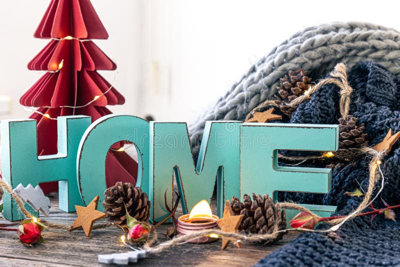 Cozy Background with Decorative Word Home and Home Decor Details. Stock ...