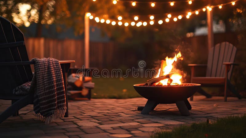 Cozy Backyard Campfire Setting with String Lights and Comfortable ...