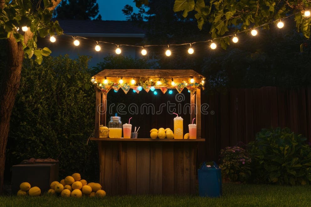 In a Cozy Backyard, a Charming Lemonade Stand is Beautifully Lit by ...