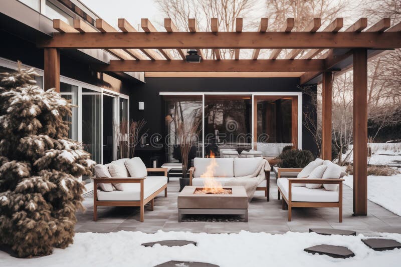 Cozy Backyard Deck with Fire Pit and Sitting Area in Winter Stock Photo ...