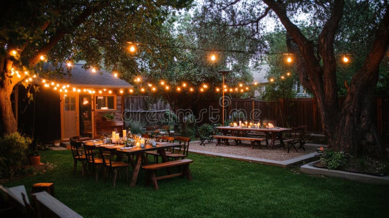Cozy Backyard Evening Gathering with String Lights and Rustic Decor ...