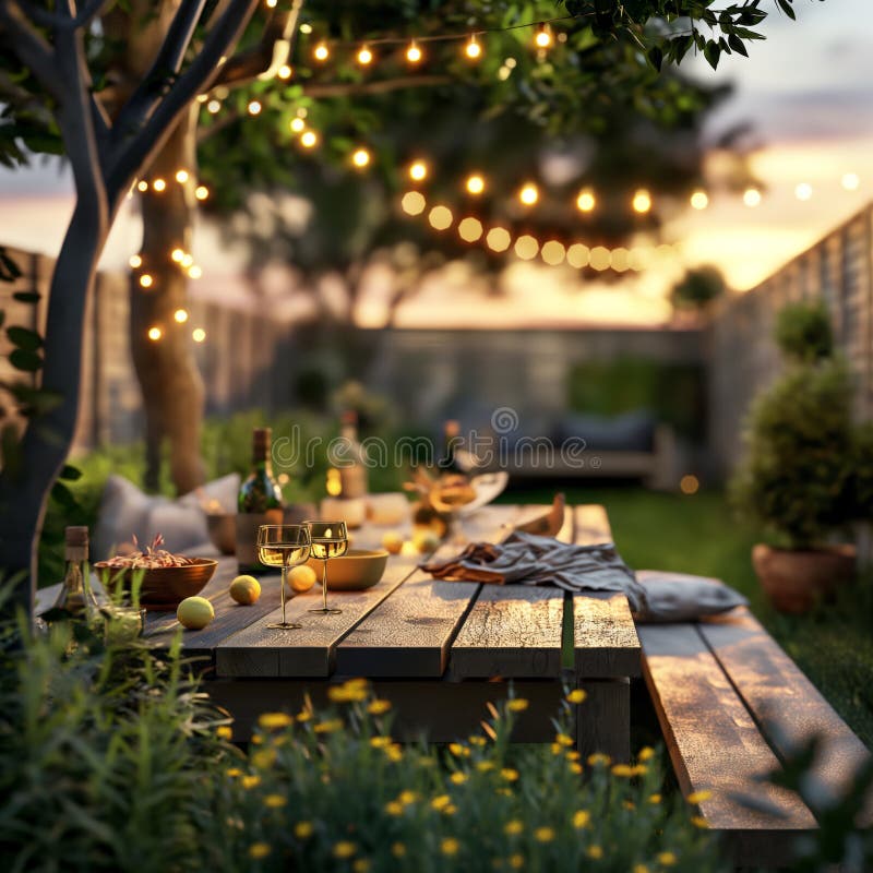 Cozy Backyard Evening Setup Stock Image - Image of lights, gathering ...