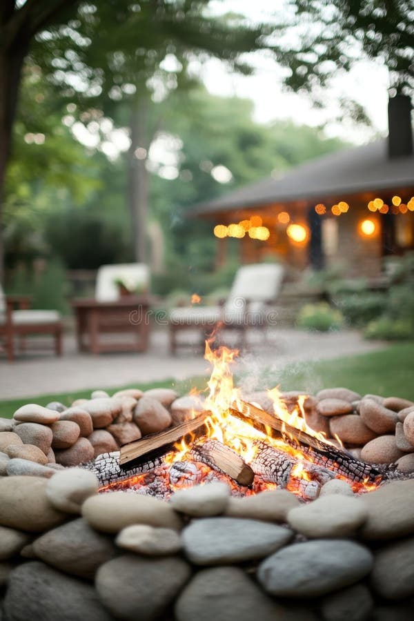 Cozy Backyard Fire Pit Rustic Stones Soft Outdoor Lighting Stock Photos ...