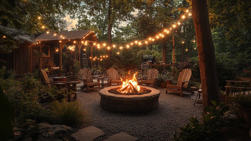Cozy Backyard Fire Pit with String Lights and Adirondack Chairs Stock ...