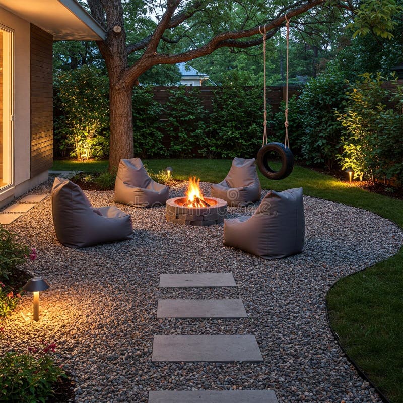Cozy Backyard Fire Pit Tire Swing (Generated with AI) Stock Image - Image of home, modern: 377938579