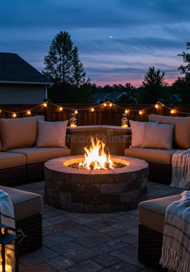 Cozy Backyard Fire Pit at Twilight Stock Photo - Image of home ...