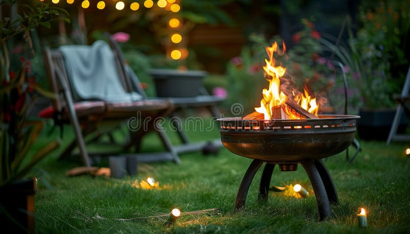 Cozy Backyard Gathering Spot with Burning Fire Pit and String Lights on ...