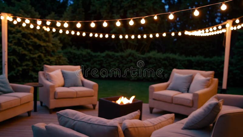 Cozy Backyard Patio with Fire Pit and String Lights at Dusk Stock Video - Video of evening ...