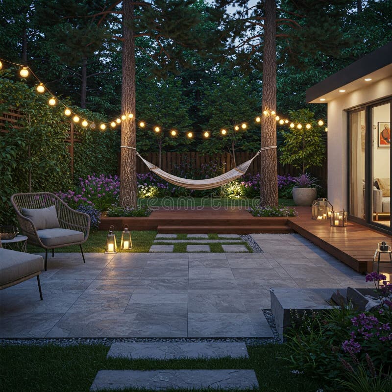 Cozy Backyard Patio Night Hammock (Generated with AI) Stock Photo - Image of modern, chair ...