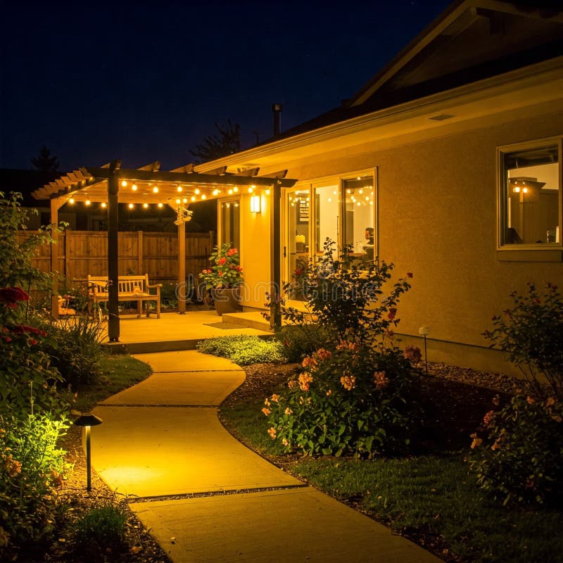 Cozy Backyard Patio Night String Lights (Generated with AI) Stock Photo ...