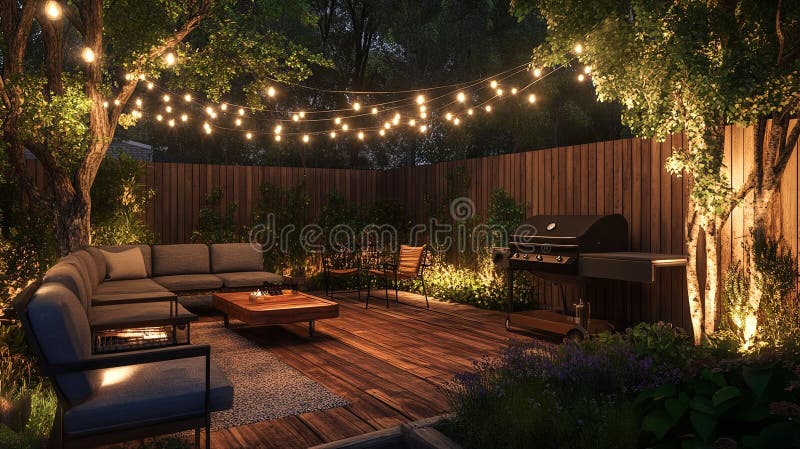A Cozy Backyard Patio with String Lights, Barbecue Grill, and Stock ...