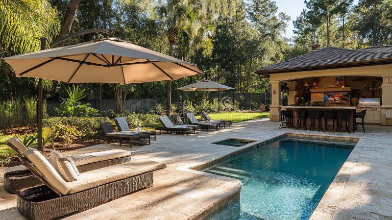 A Cozy Backyard with a Poolside Bar and Lounge Chairs Under a Large ...