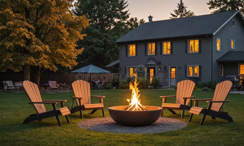 Cozy Backyard Scene at Dusk Features Fire Pit Surrounded by Four ...
