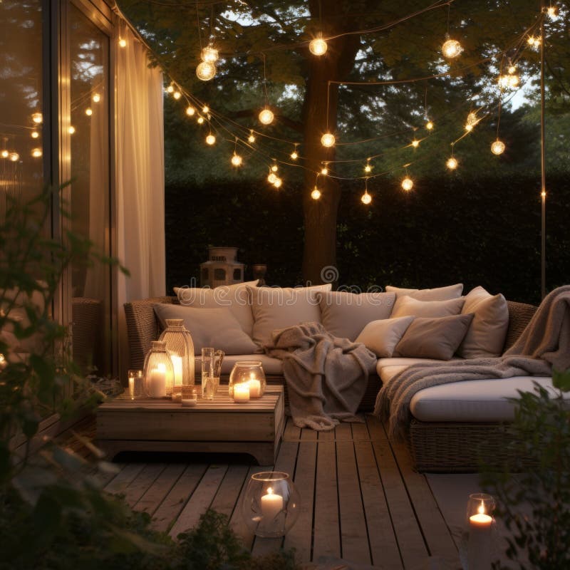 Cozy Backyard Seating Area with String Lights and Comfortable Couch ...