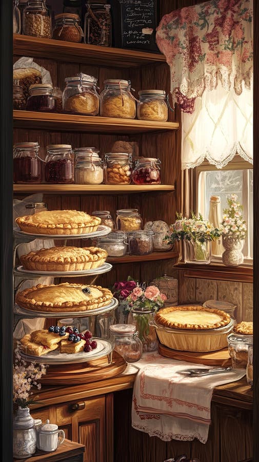 A Cozy Bakery Corner with a Display of Pies, Scones, and Jam Jars. Pic ...