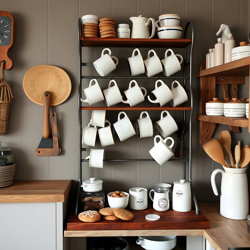 A Cozy Bakery Corner Featuring a Bakers Rack Filled with Ceramic Mugs ...