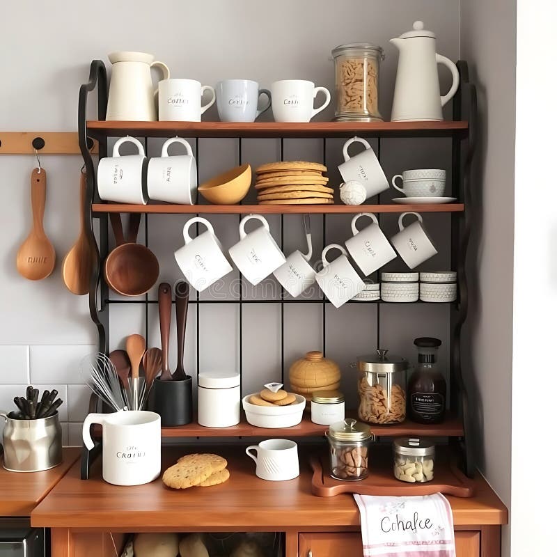 A Cozy Bakery Corner Featuring a Bakers Rack Filled with Ceramic Mugs ...