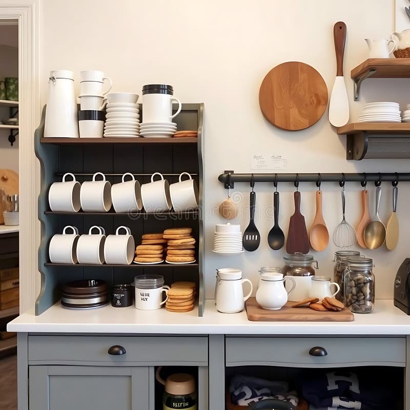 A Cozy Bakery Corner Featuring a Bakers Rack Filled with Ceramic Mugs ...