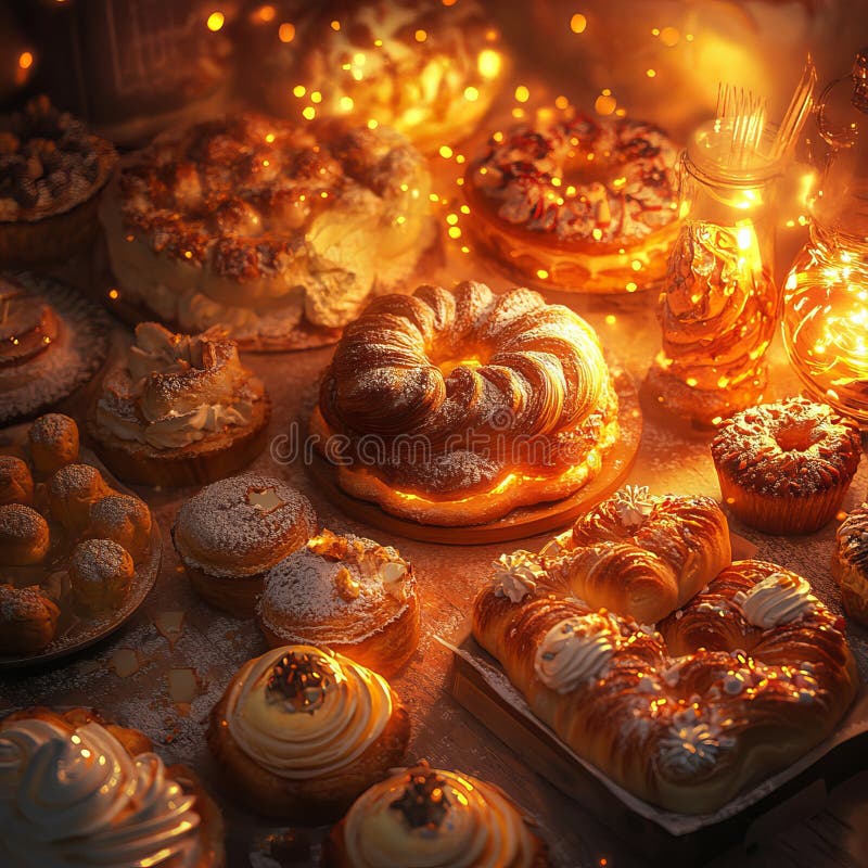 Cozy Bakery Display with Assorted Pastries and Warm Ambient Lighting ...