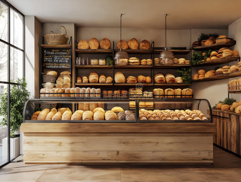 Cozy Bakery Interior with Assorted Breads and Pastries on Wooden ...