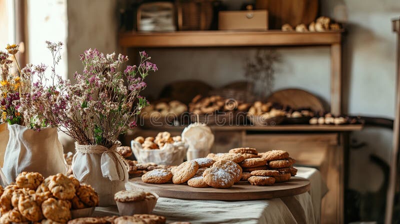 A Cozy Bakery Setup with Handmade Cookies in Decorative Packaging Stock ...