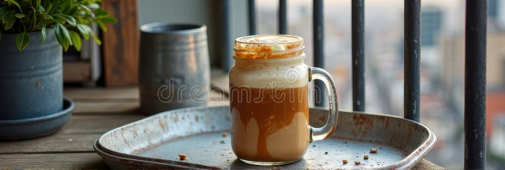 Cozy Balcony Coffee Scene with Mason Jar Latte on Rustic Tray Stock ...
