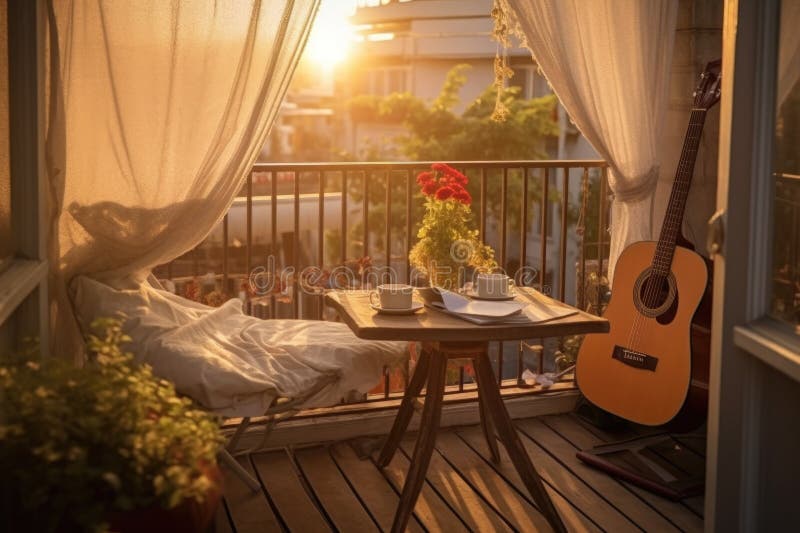 Cozy Balcony with a Guitar and Sheet Music on the Table Stock ...
