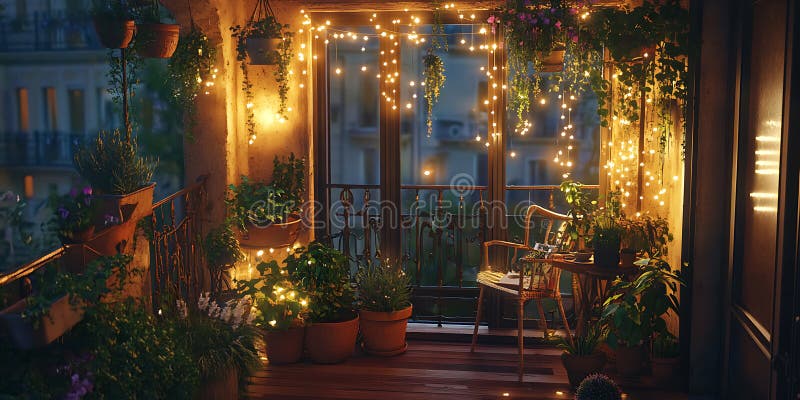 Cozy Balcony at Night Fairy Lights Plants Stock Illustration ...