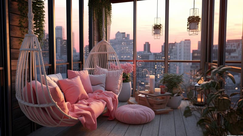 Cozy Balcony with Pink Color Sofa and Cushions Interior Decor Pink ...