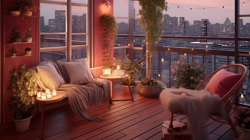 Cozy Balcony with Pink Color Sofa and Cushions Interior Decor Pink ...