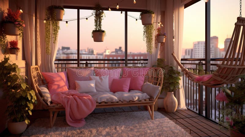 Cozy Balcony with Pink Color Sofa and Cushions Interior Decor Pink ...