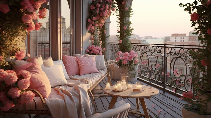 Cozy Balcony with Pink Color Sofa and Cushions Interior Decor Pink ...