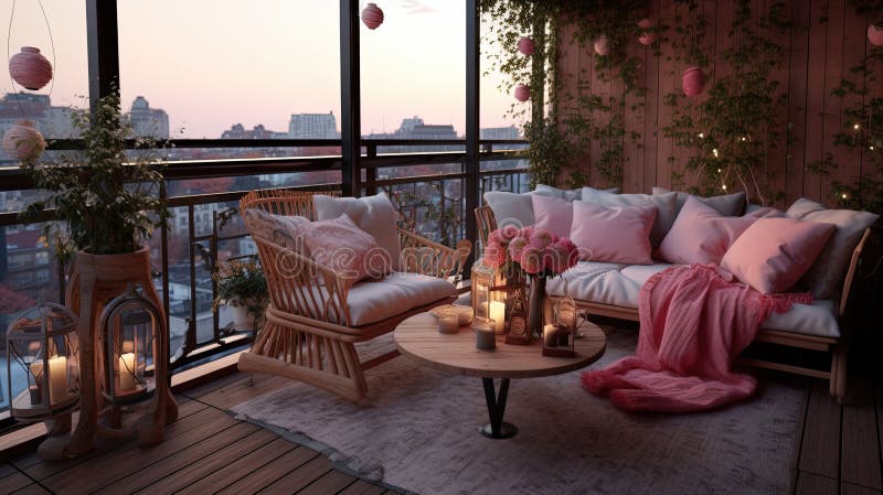 Cozy Balcony with Pink Color Sofa and Cushions Interior Decor Pink ...