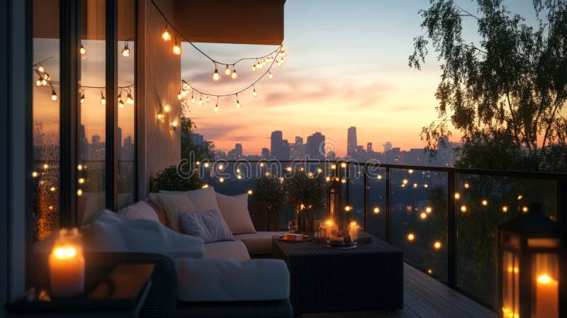 Cozy Balcony at Sunset with String Lights and City Skyline View Stock ...