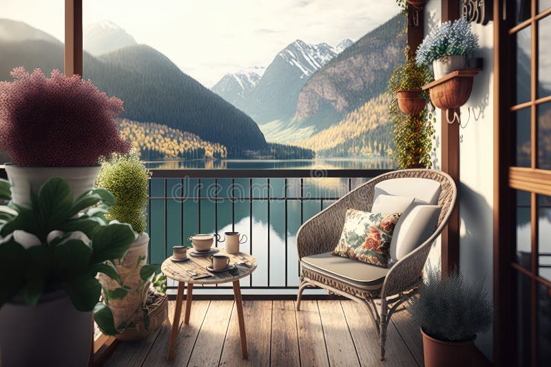 Cozy Balcony with View of the Mountains, Lake or Cityscape Stock Photo ...