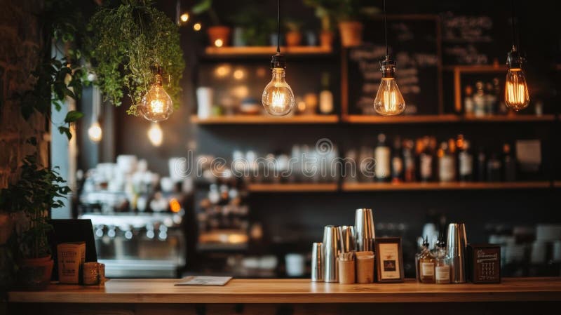 Cozy Bar Interior with Edison Bulbs and Plants Stock Illustration ...