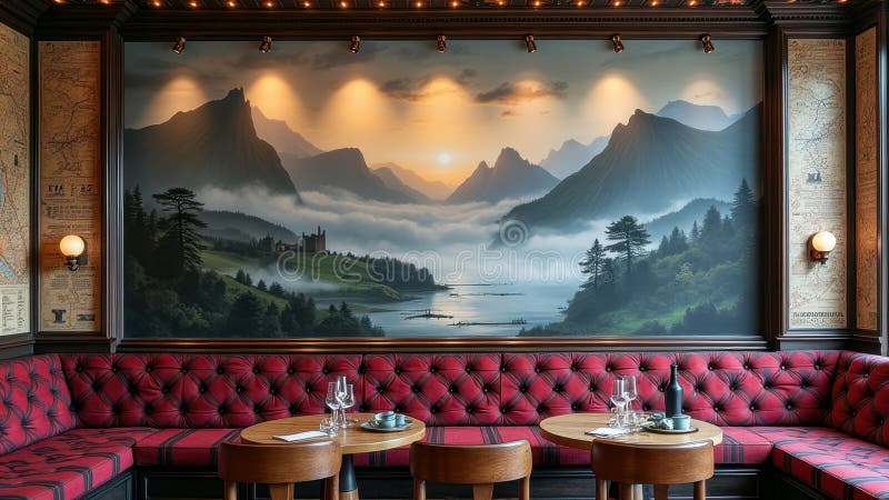 Cozy Bar Interior with Scenic Mountain Wall Mural and Plush Red Seating ...