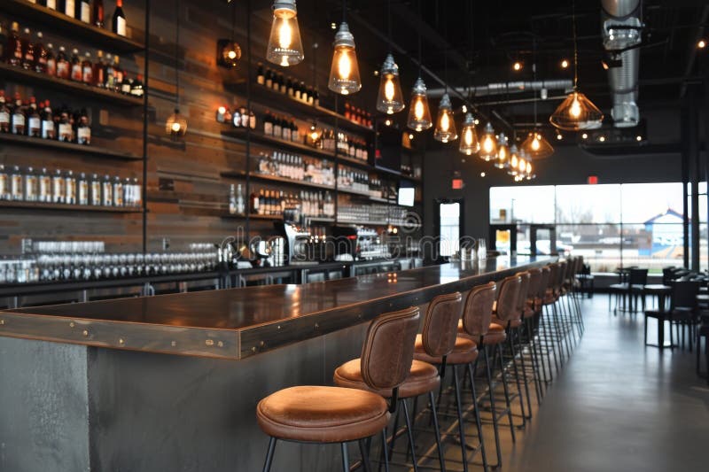 Cozy Bar Interior with Shelves of Bottled Drinks and Warm Pendant ...
