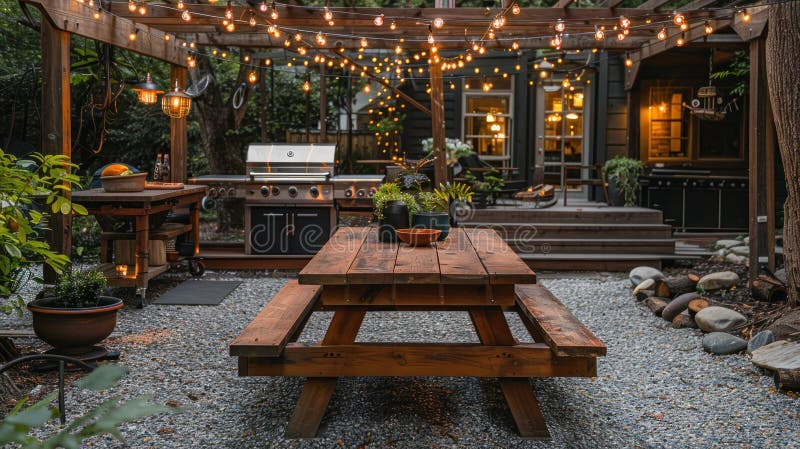 A Cozy Barbecue Setup with a Rustic Grill, Wooden Picnic Table Stock ...