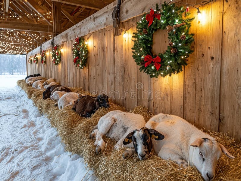 Cozy Barn with Festive Decorations and Resting Farm Animals during ...