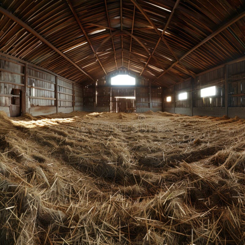 Cozy Barn Interior with Abundant Hay and Multiple Windows Stock Photo ...