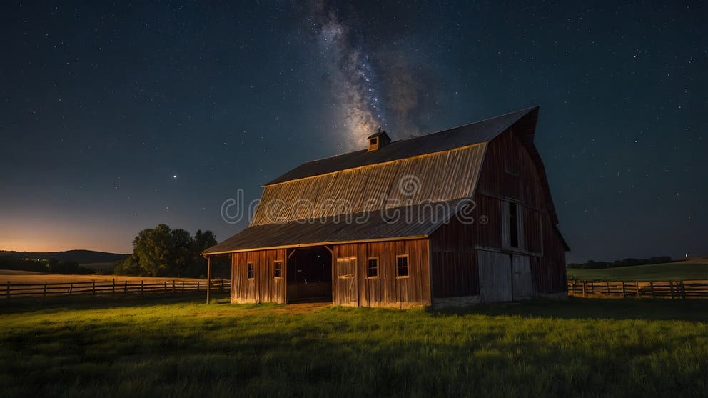 Cozy Barn Lit by Interior Lights Beneath Starry Night Sky Stock Image ...