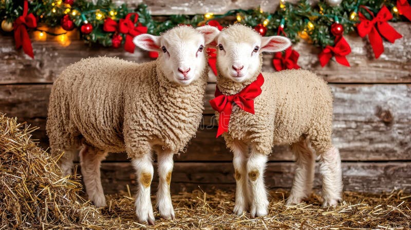 Cozy Barn Setting with Sheep Adorned in Festive Decorations for Stock ...