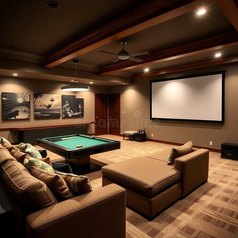 A Cozy Basement Entertainment Room with a Large Sofa, a Pool Table, and ...