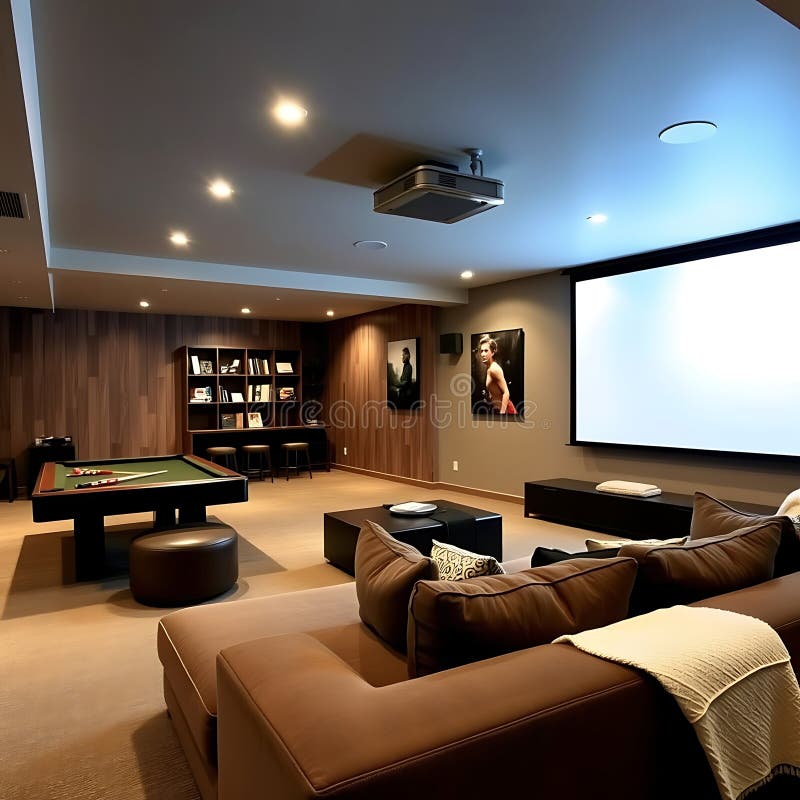 A Cozy Basement Entertainment Room with a Large Sofa, a Pool Table, and ...