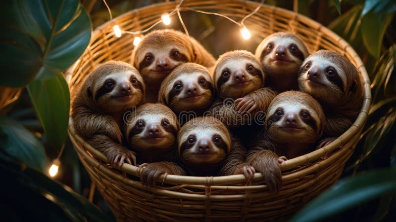 Adorable Baby Sloths Huddled in a Basket with Fairy Lights Stock ...