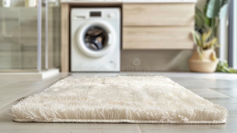 Cozy Bathroom Interior with Soft Fluffy Rug and Modern Washing Machine ...