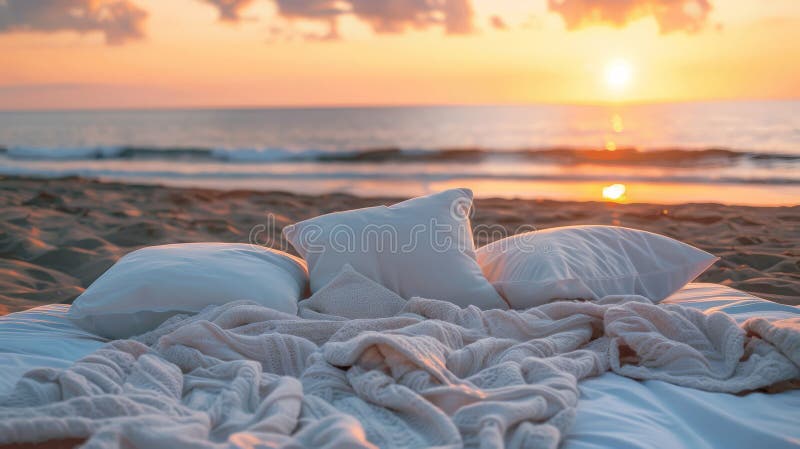 Cozy Beach Bed Setup at Sunset, Tranquil Ocean View. Relaxation and ...