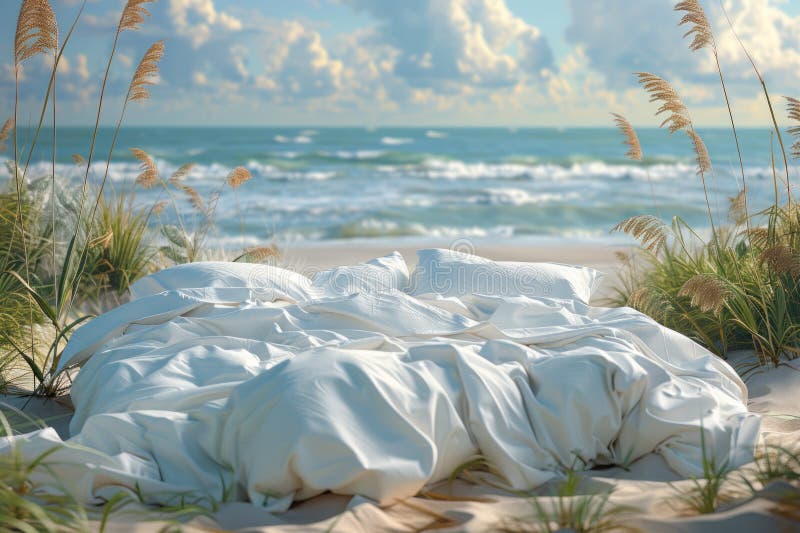 Cozy Beach Bedding on Sandy Shore. Stock Image - Image of beach ...